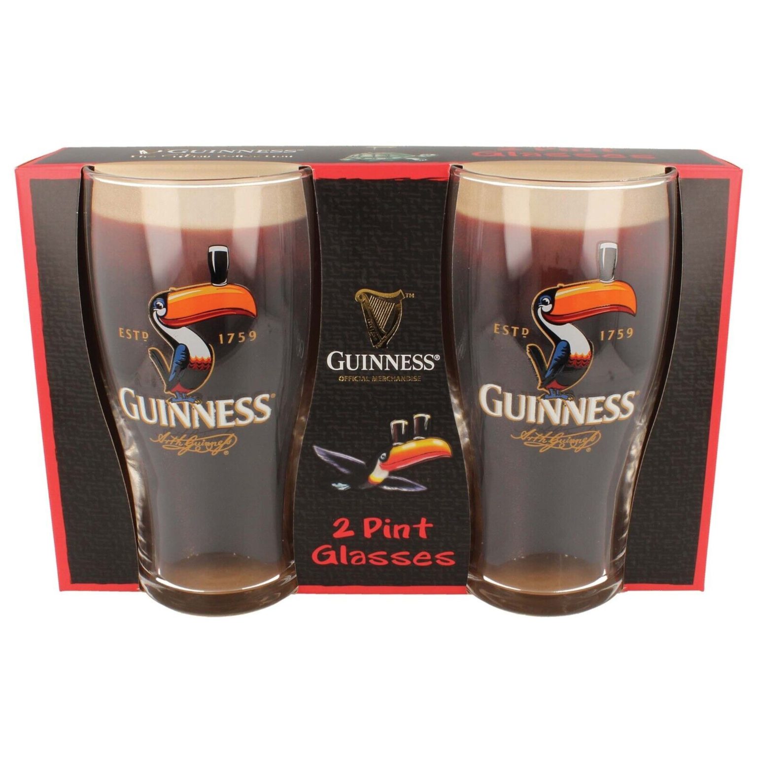 Guinness Toucan Beer Glasses (2 Pack) Gift Set - Pint/20oz - GarageBar