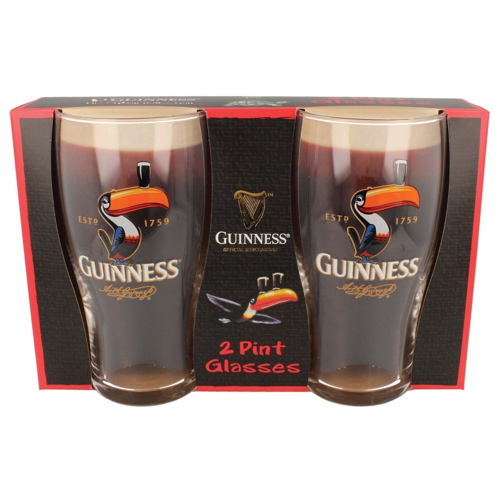 Guinness Toucan Beer Glasses (2 Pack) Gift Set - Pint/20oz - GarageBar